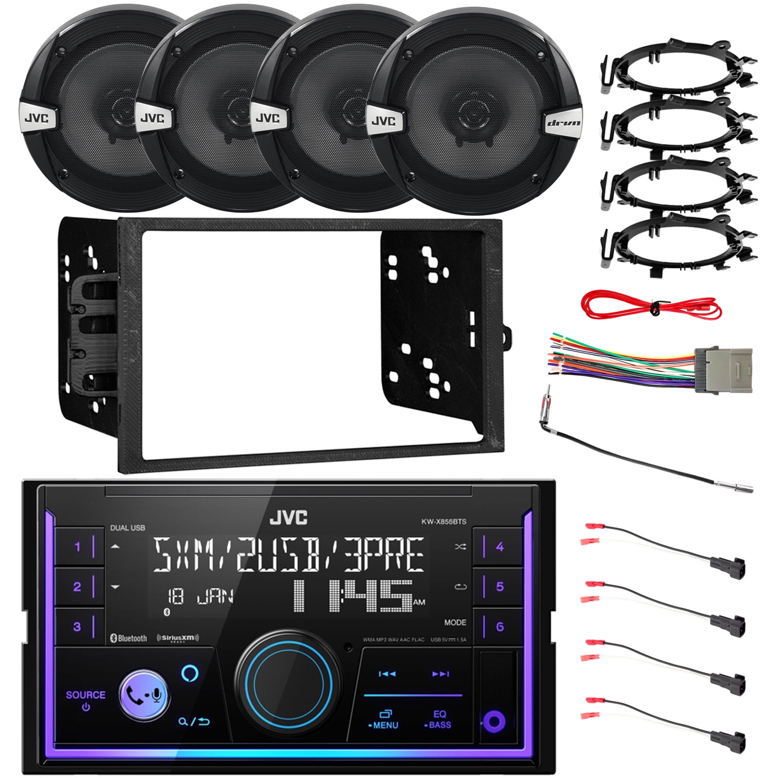 JVC KW-X855BTS Double DIN USB/AUX Bluetooth AM/FM Stereo Receiver, 4x JVC DR162 6.5" 300W Car ...