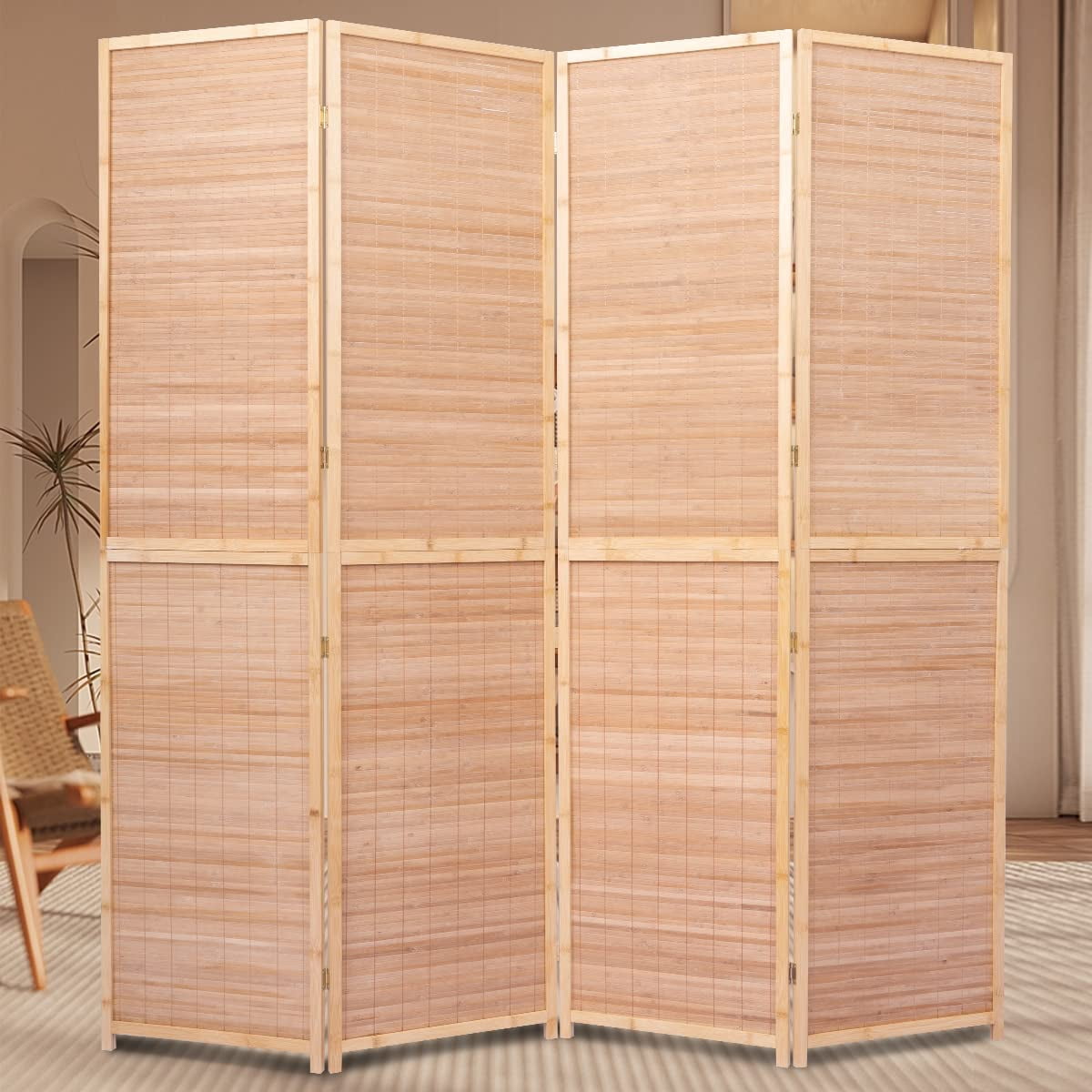 JVVMNJLK Bamboo Room Divider, 6FT Folding Privacy Screen, 4 Panel Mesh ...