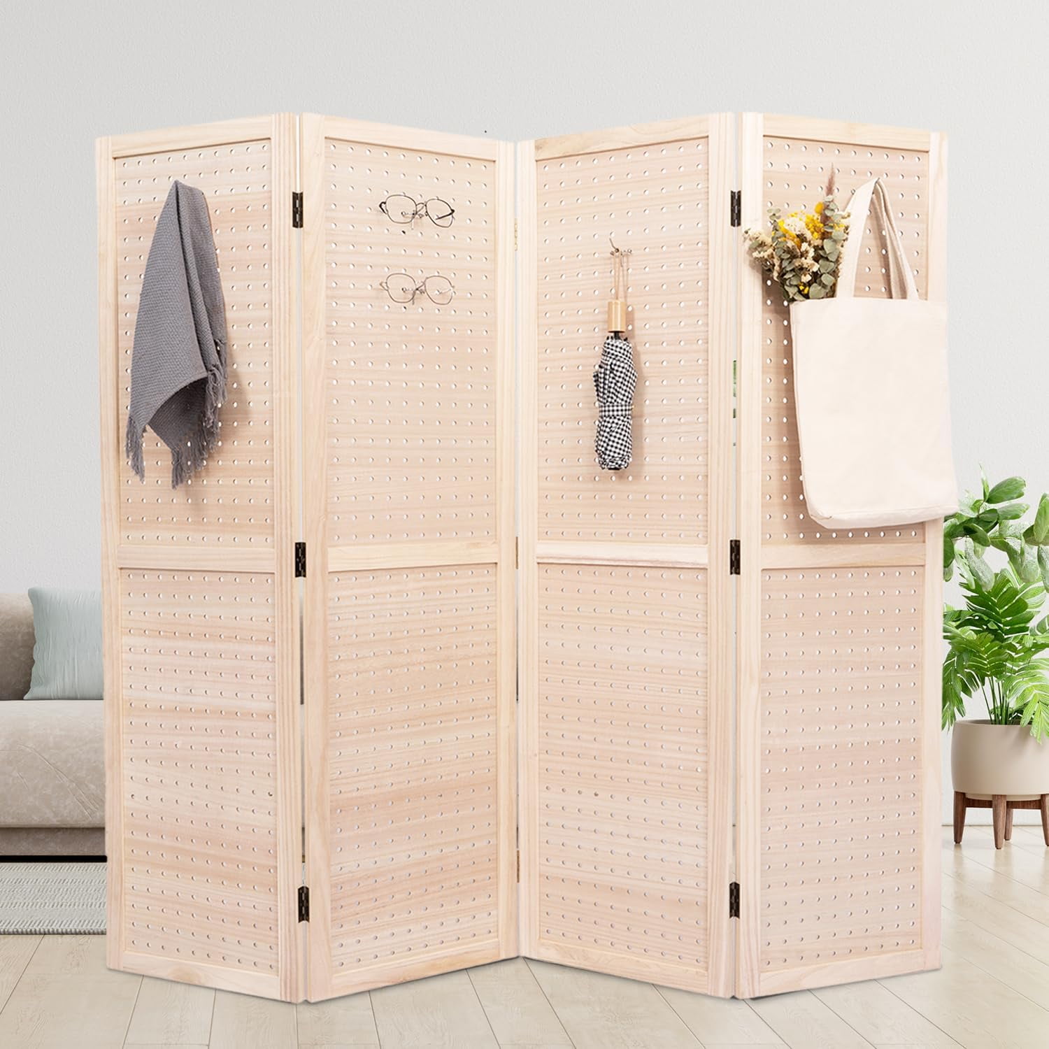 JVVMNJLK 4 Panel Room Divider, 5.6FT Pegboard Display Wood Folding ...