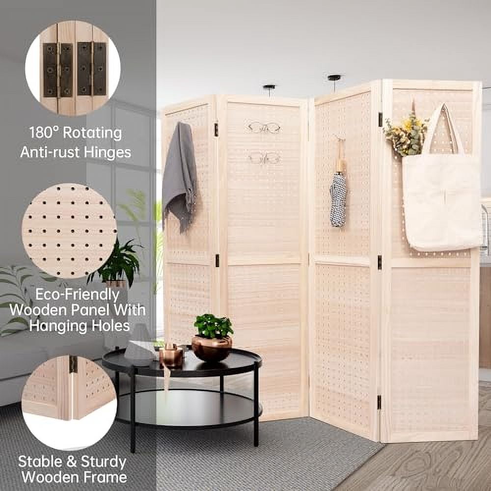JVVMNJLK 4 Panel Room Divider, 5.6FT Pegboard Display Wood Folding ...