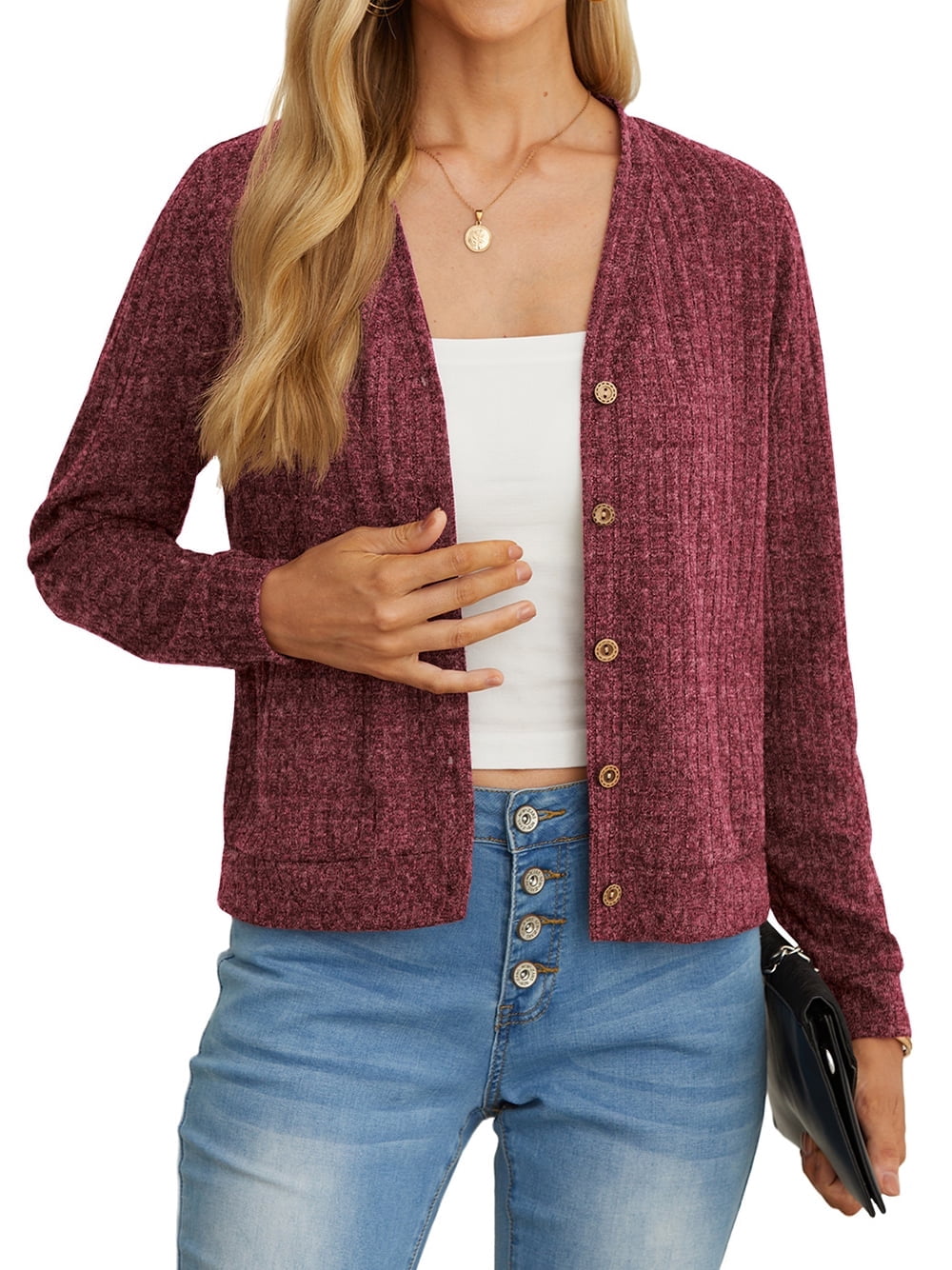 JWD Burgundy Women's Fashionable Cropped cardigan Button up Long Sleeve ...