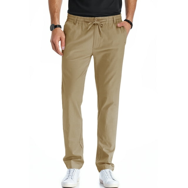 JWD Men's Lightweight Cotton Linen Pants, Elastic Waist, Casual Beach ...