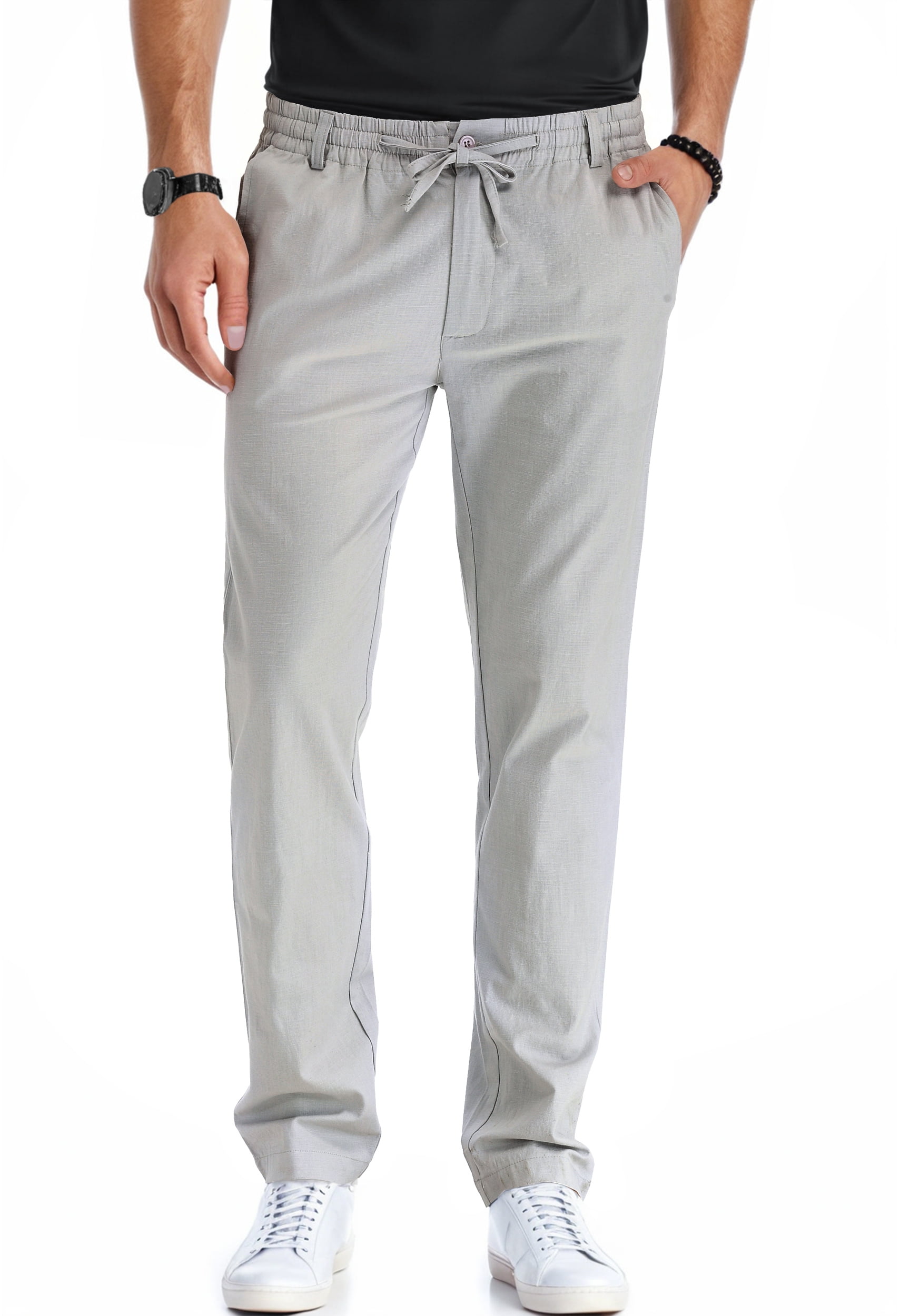 JWD Men's Cotton Linen Pants, Elastic Drawstring Waist, Lightweight ...