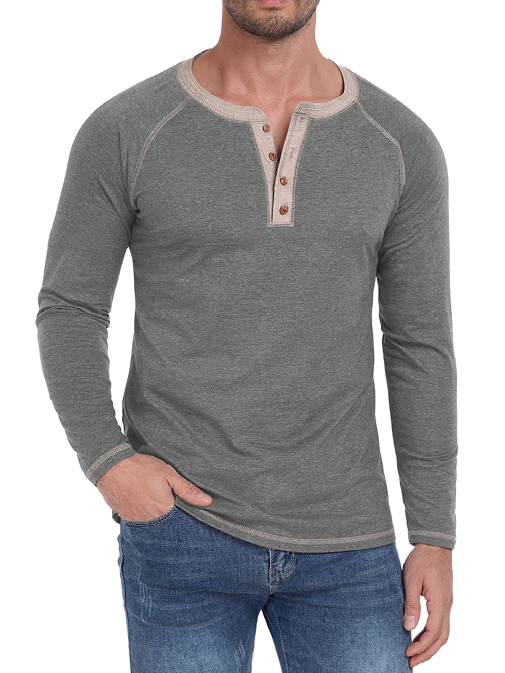 JWD Mens Henley Long Sleeve T-Shirt Cotton Casual Shirt US VG Dark Gray ...
