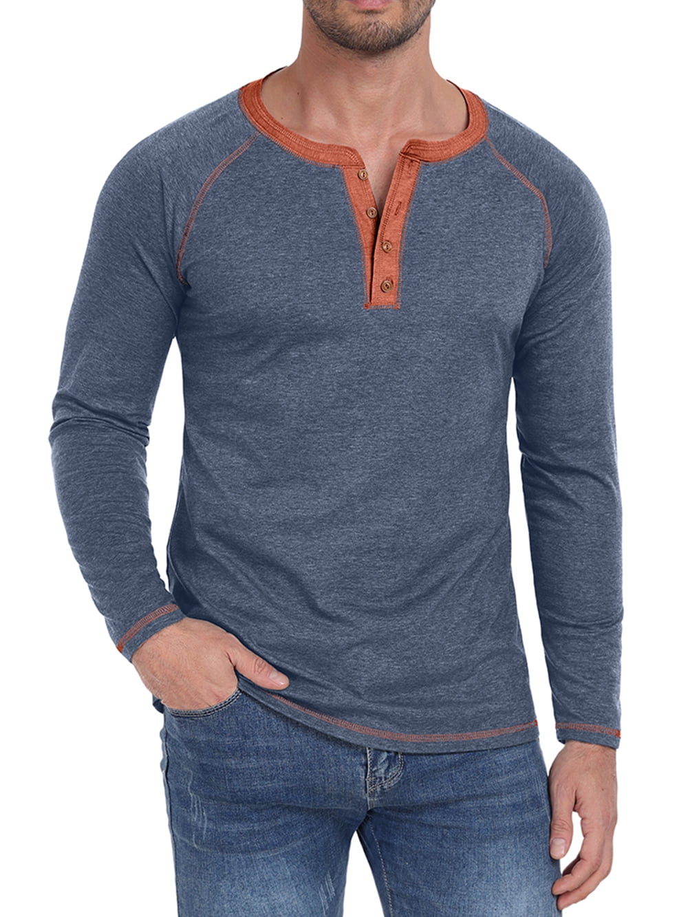 JWD Mens Henley Long Sleeve T-Shirt Cotton Casual Shirt US VG Navy Blue ...