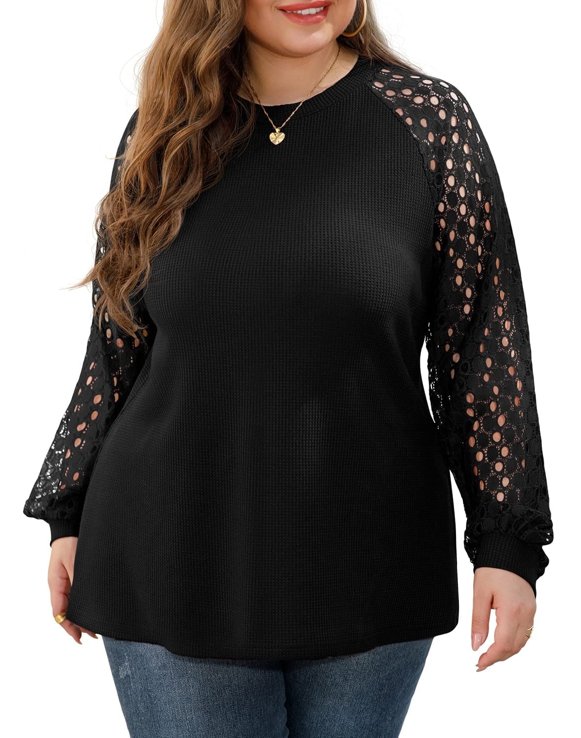 JWD Plus Size Tops For Women Lace Sleeve Blouse Waffle Knit Long Sleeve ...
