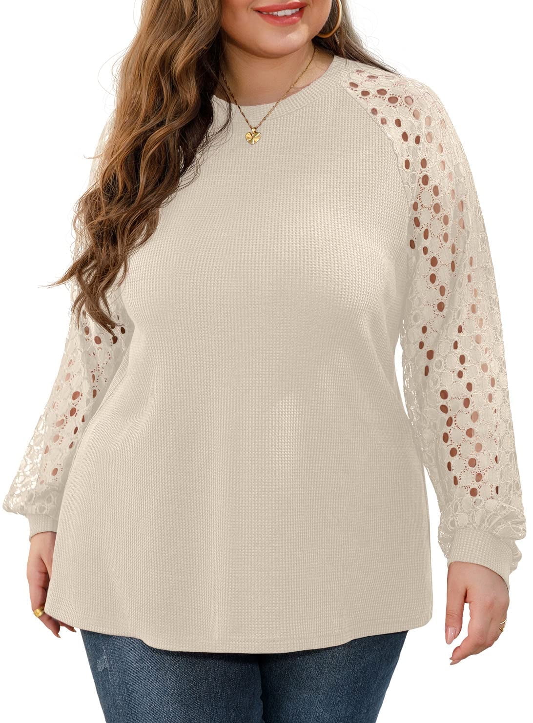 JWD Plus Size Tops For Women Lace Sleeve Blouse Waffle Knit Long Sleeve ...