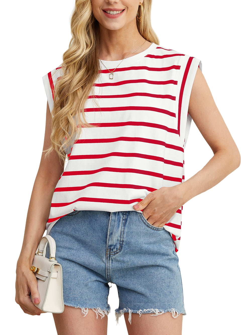 JWD Women's Blouses Cap Sleeve Summer Tops Casual Crew NecK Stripe ...