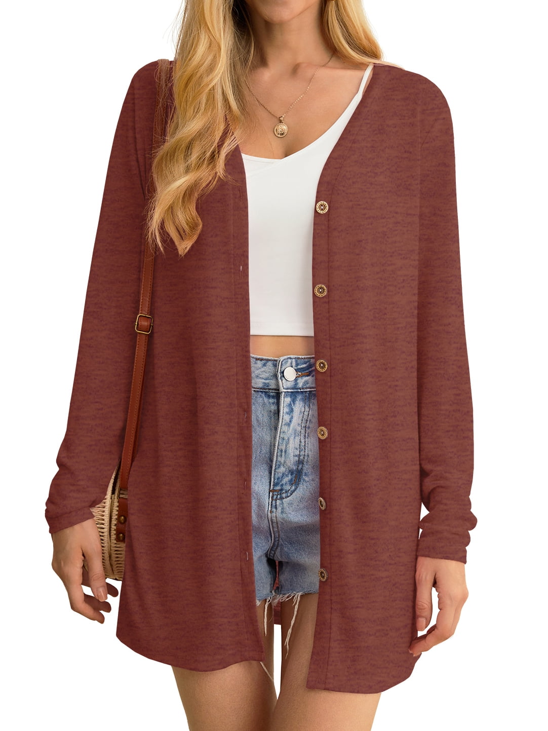 JWD Women's Lightweight Open Front Long Sleeve Cardigan, Brick Red ...