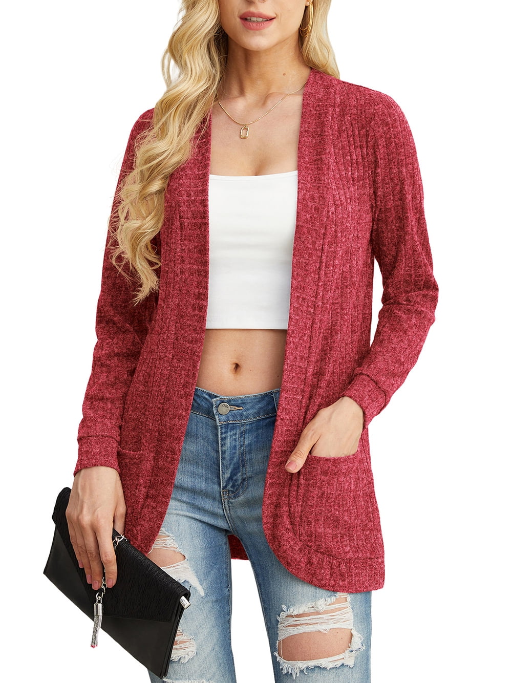 JWD women's cardigan, soft and comfortable pocket top, fan-shaped hem ...