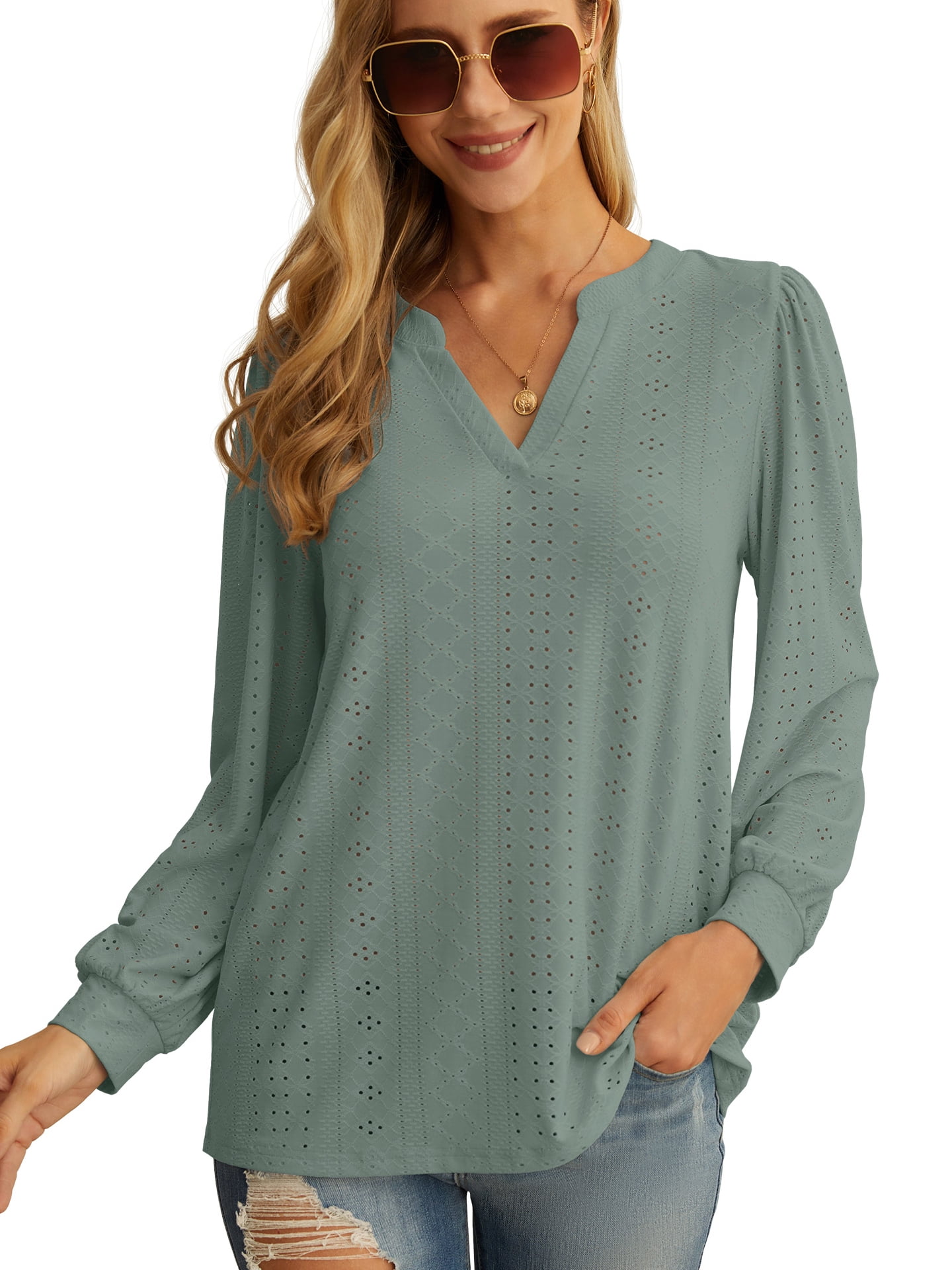 JWD Women's Casual V-neck Shirt Office Long Sleeve Bubble Cuff Four Seasons Top Dark Green X ...