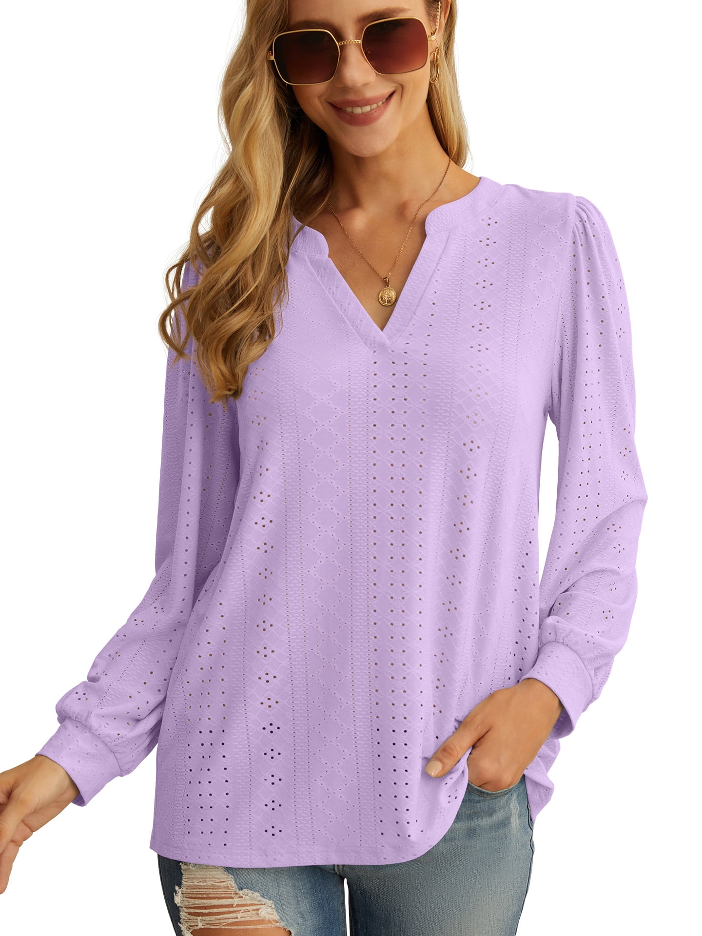 JWD Women's Casual V-neck Shirt Office Long Sleeve Bubble Cuff Four Seasons Top Purple X-Large ...