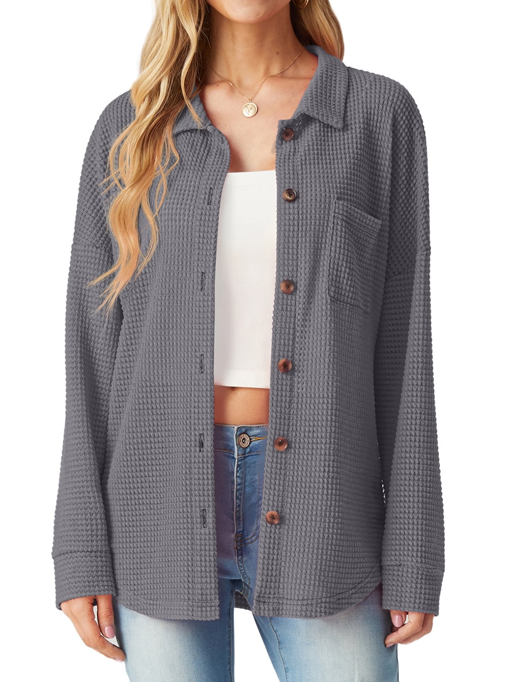 JWD Women's Blouses Long Sleeve Knitted Shacket Jacket Lightweight Button-Down Shirts Gray M ...