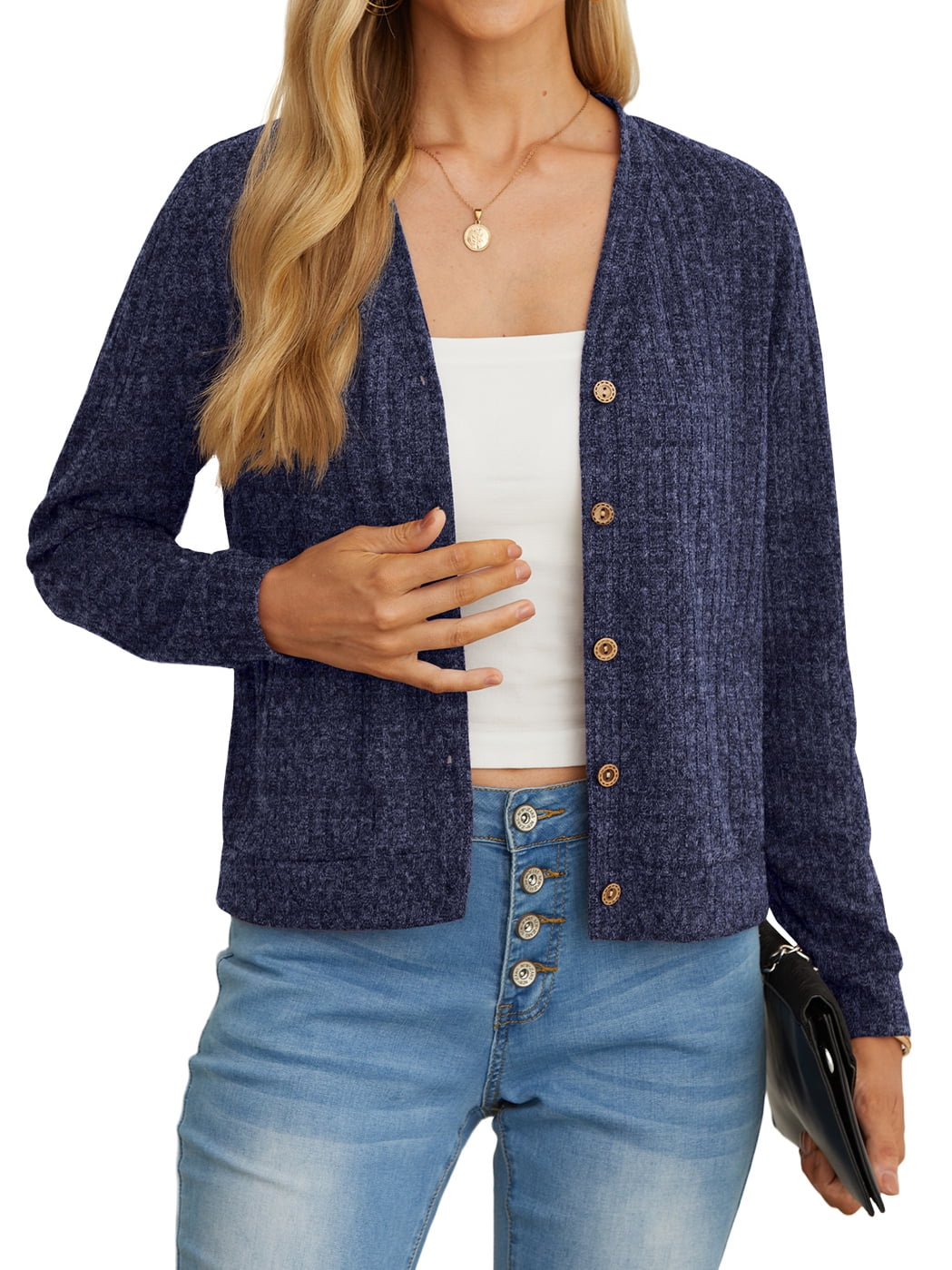 JWD Women's Fashionable Cropped Long sleeved Open top Button V-neck Ribbed Knitted Lightweight ...