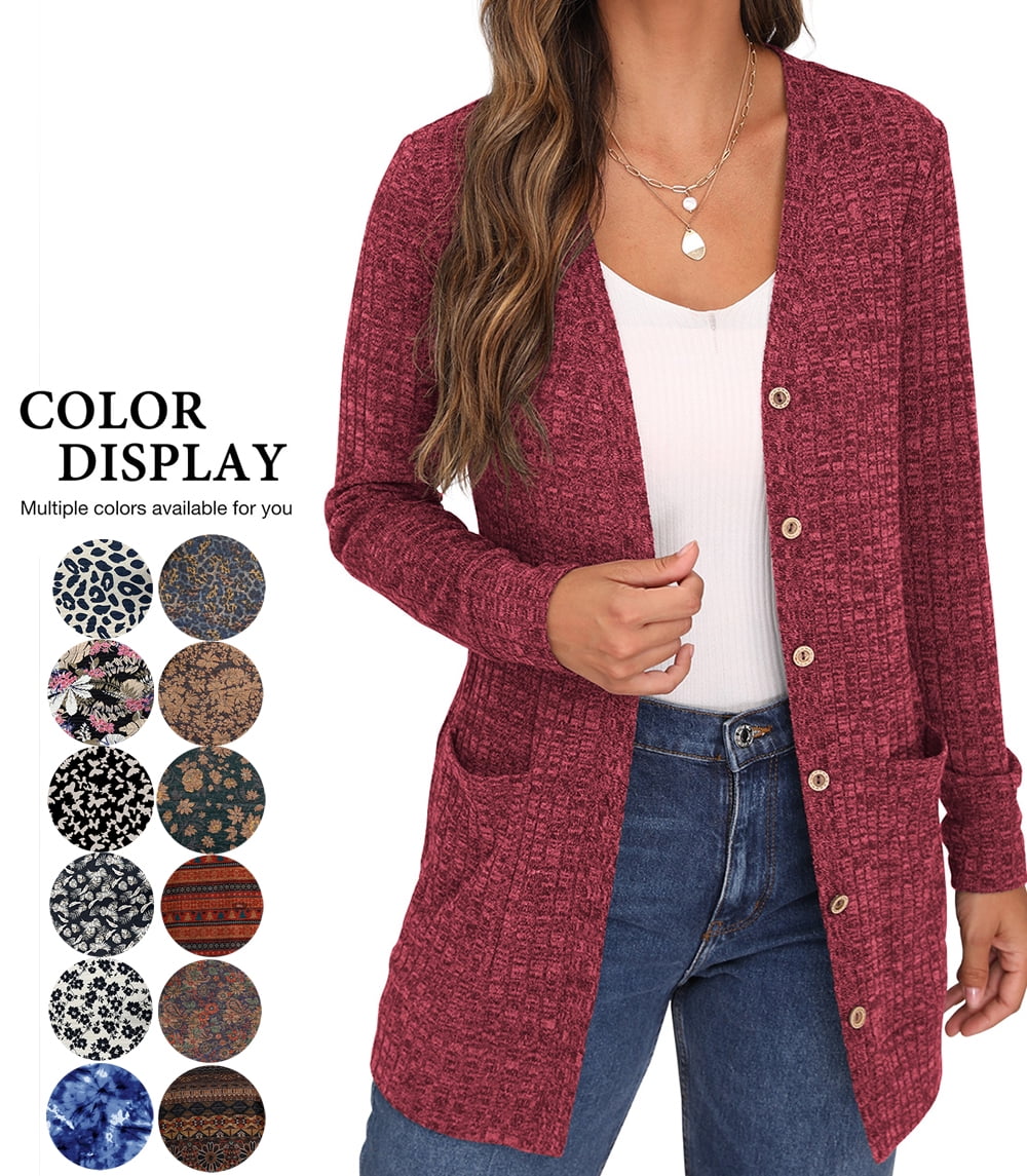 JWD Women's Lightweight Long Sleeve Cardigan, XL, Ribbed Knit Pockets ...