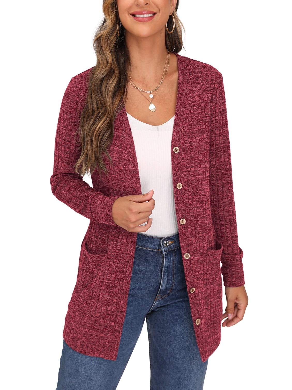 JWD Women's Lightweight Long Sleeve Button Down Open Front Ribbed Knit ...