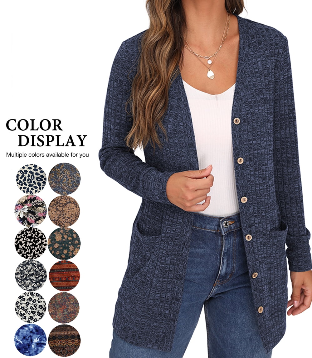 JWD Women's Long Sleeve Open Front Cardigan Button Down Vee Neck Ribbed ...
