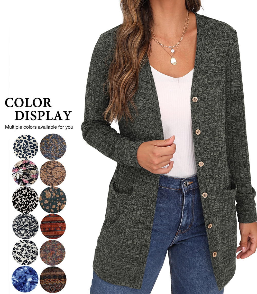 JWD Women's Long Sleeve Open Front Cardigan Button Down Vee Neck Ribbed ...