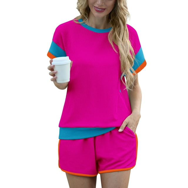 JWD Women's Short Sets 2-Piece Casual Short Sleeved Pullover and Color ...