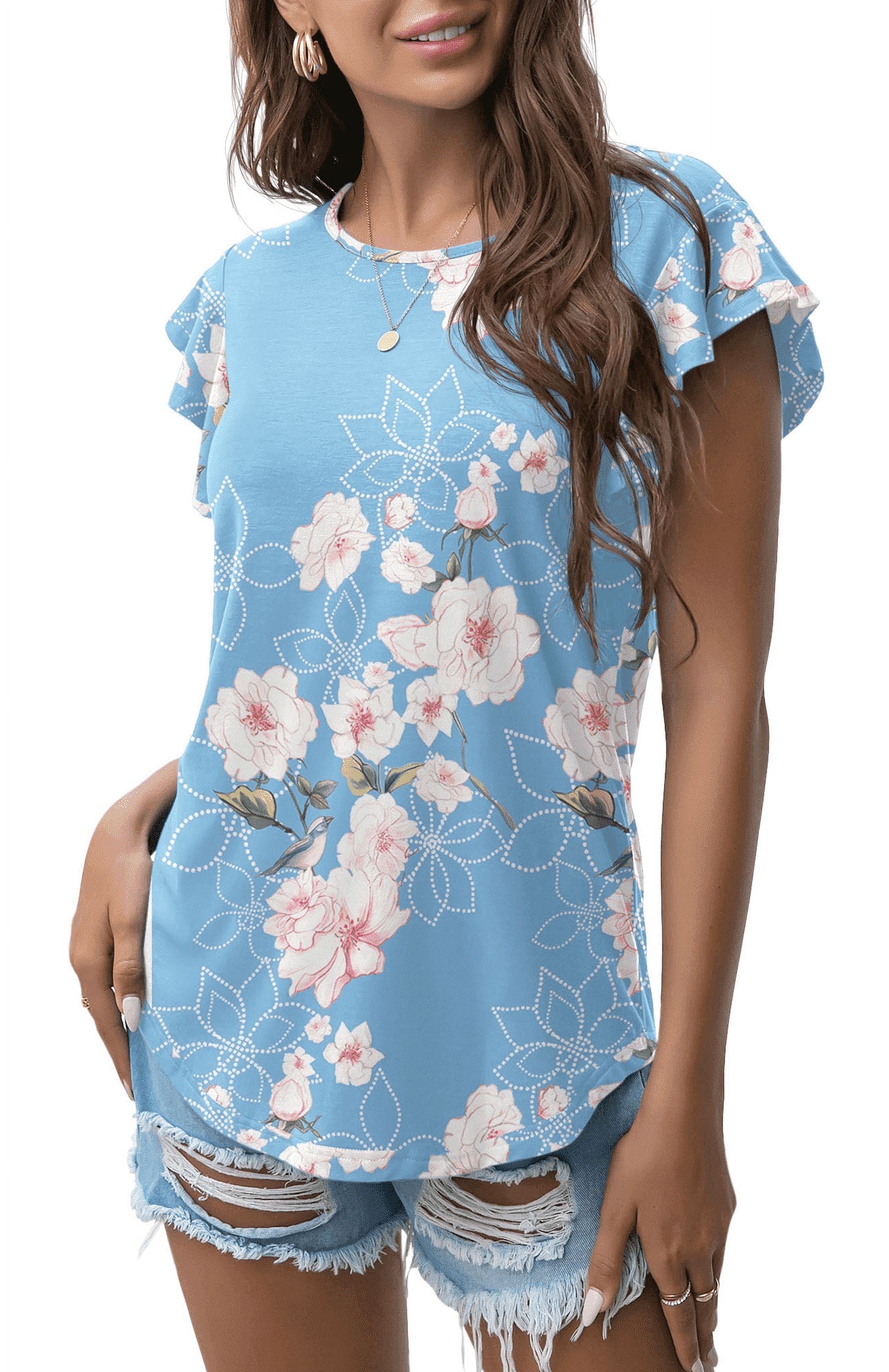 JWD Women's Flowy Tunic Summer Casual Tops, Round Neck, Soft Short ...