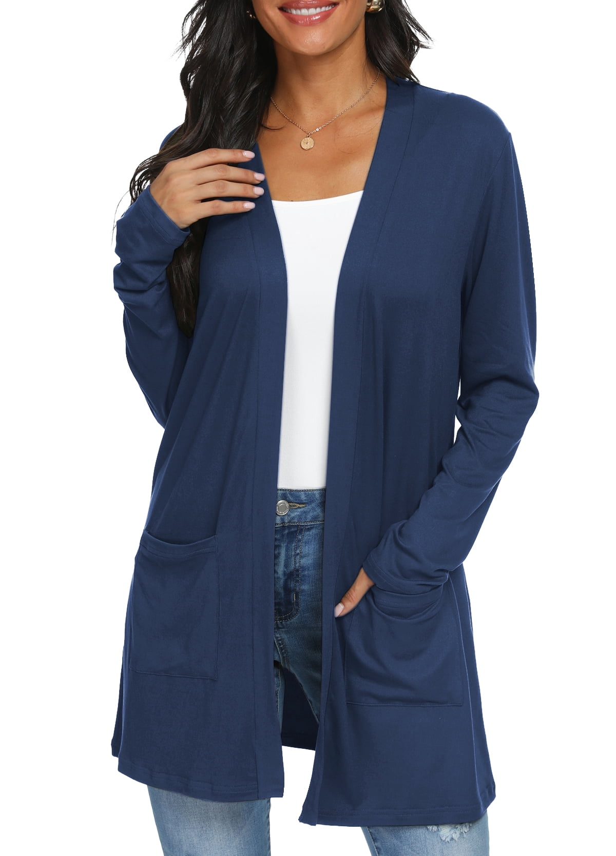 JWD Women's Cardigan Long Sleeve Lightweight with Pockets Navy Blue L ...