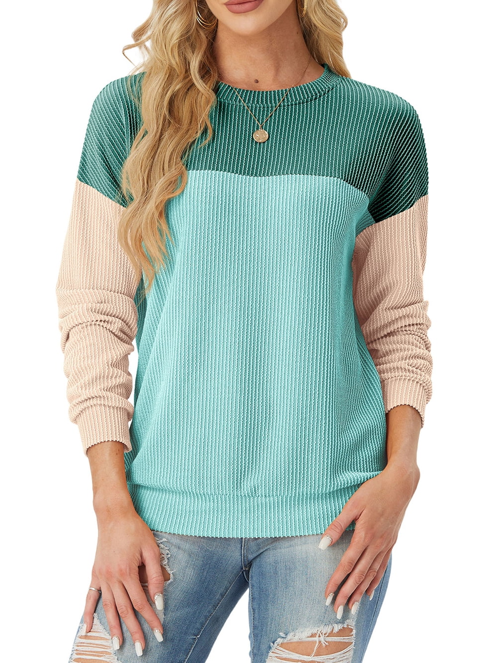 JWD Women's top fashionable color blocked long sleeved round neck knitted casual loose pullover ...