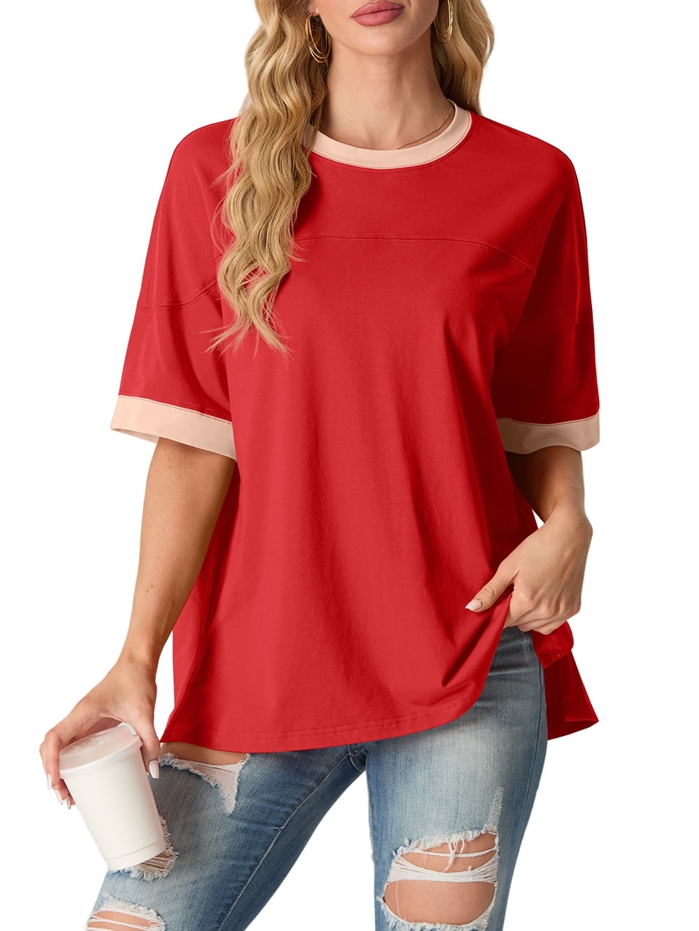 JWD Women's Top Short Sleeved T-Shirt Round Neck Casual Blouses Patchwork Split Hem Tee Top ...