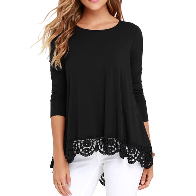 JWD Women's Tops Long Sleeve Lace Trim O-Neck A Line Tunic Blouse Black ...