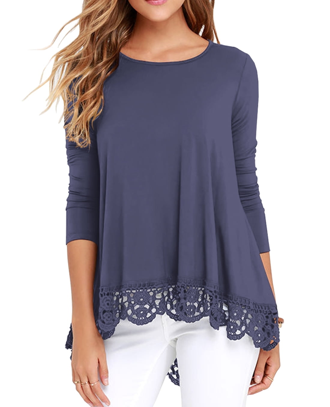 JWD Women's Tops Long Sleeve Lace Trim O-Neck A Line Tunic Blouse ...