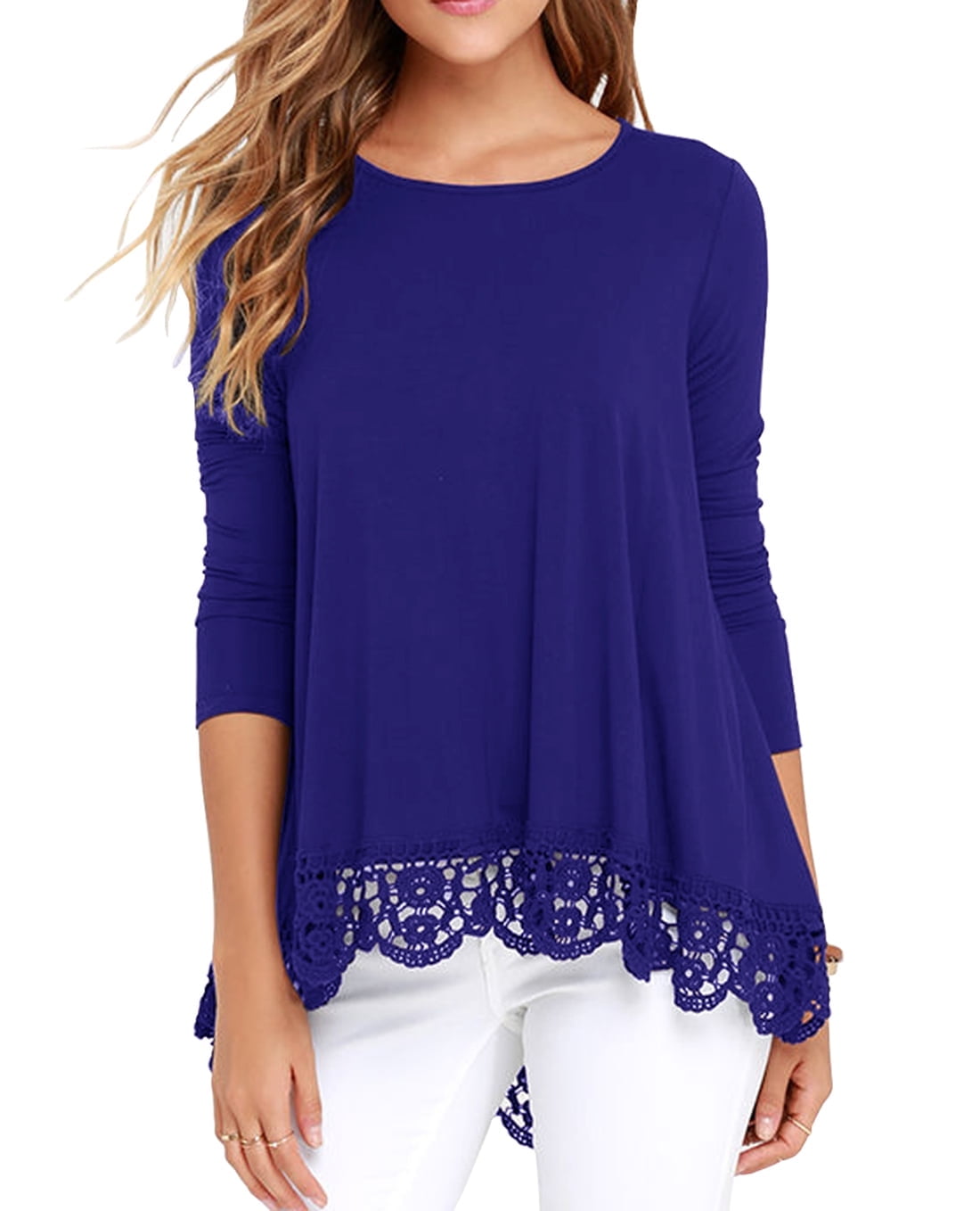 JWD Women's Long Sleeve Lace Trim A-Line Tunic Blouse, Rayon Spandex ...