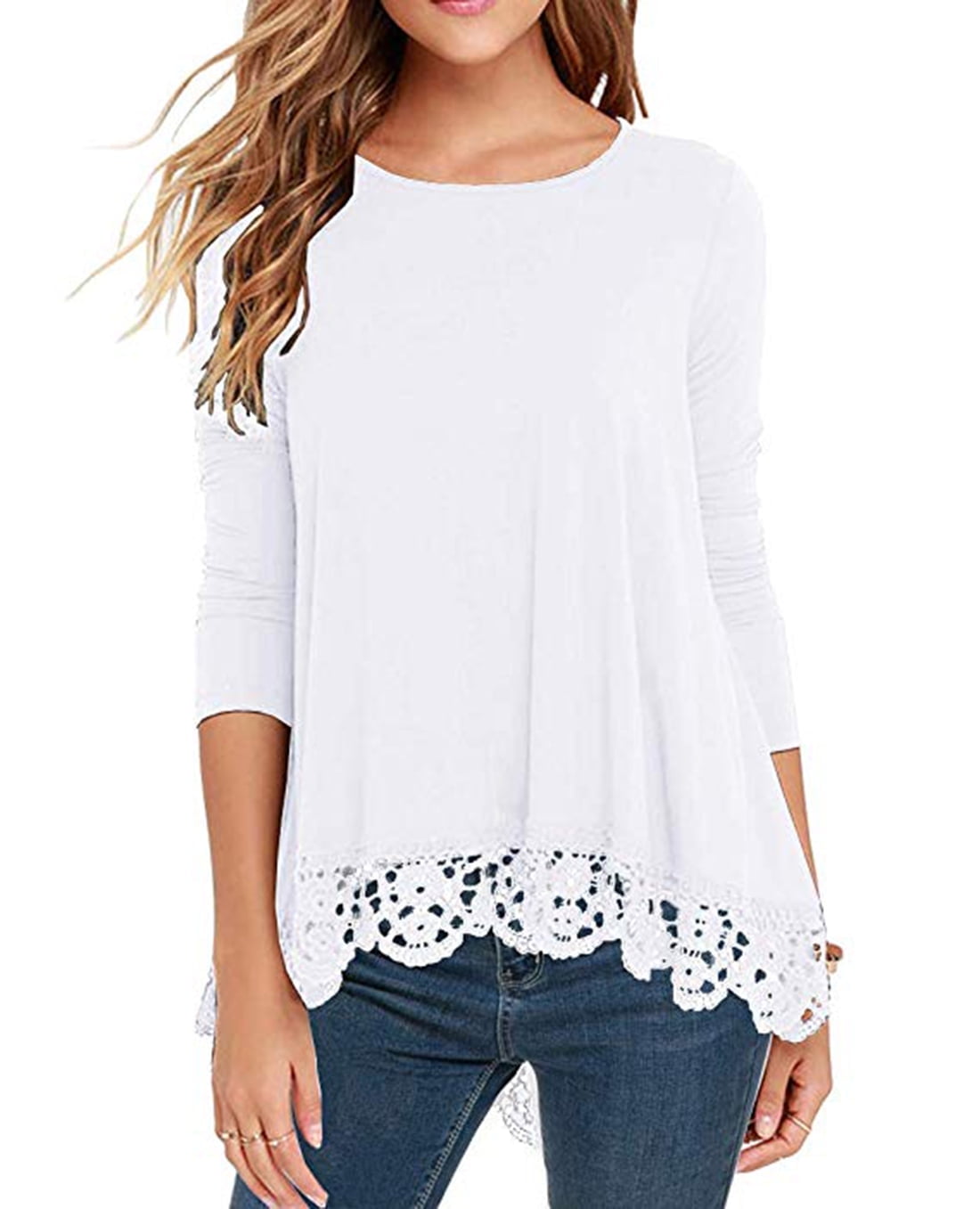 JWD Women's Tunic Blouse, Long Sleeve, Lace Trim, O-Neck, A-Line, White ...