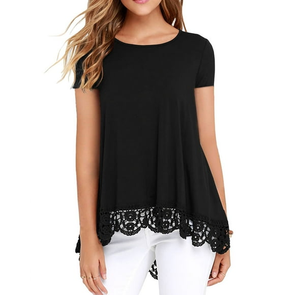 JWD Women's Tops Short Sleeve Lace Trim O-Neck A Line Tunic Blouse ...