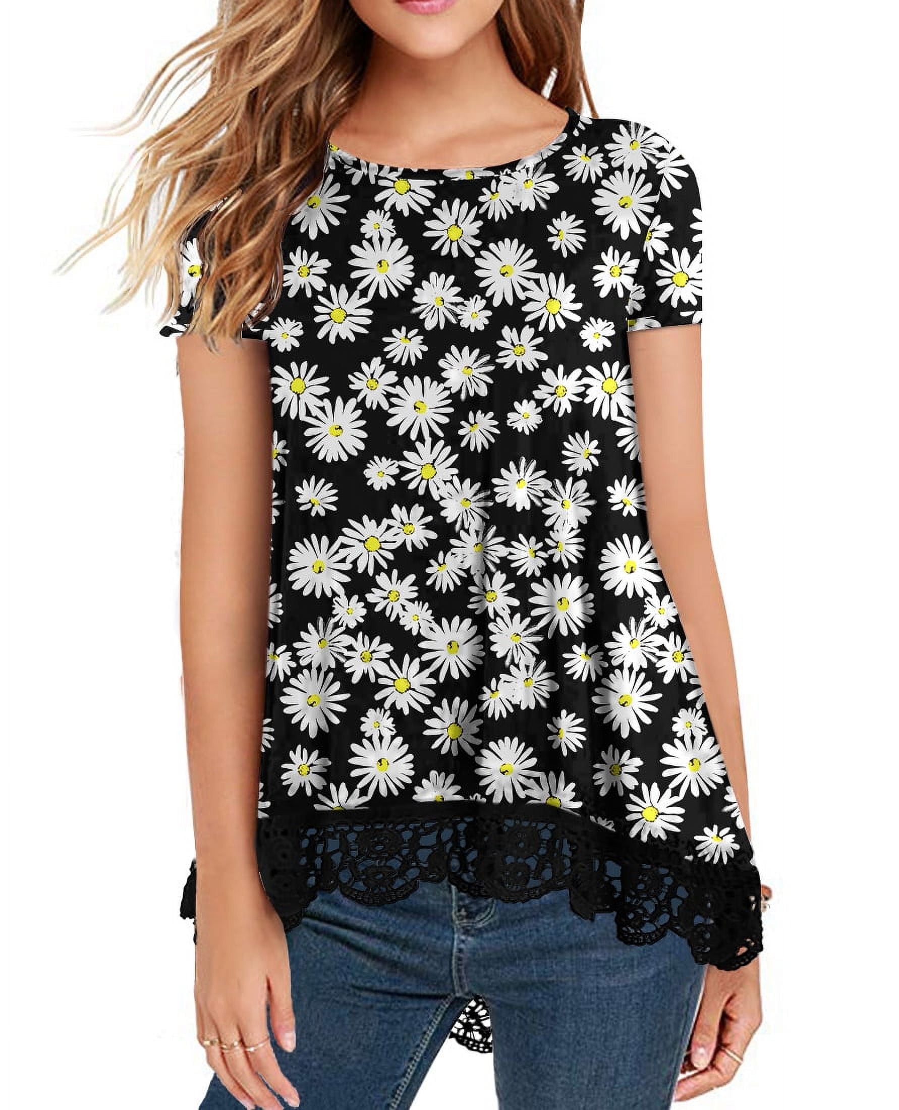 JWD Women's Tops Short Sleeve Lace Trim O-Neck A Line Tunic Blouse FP ...