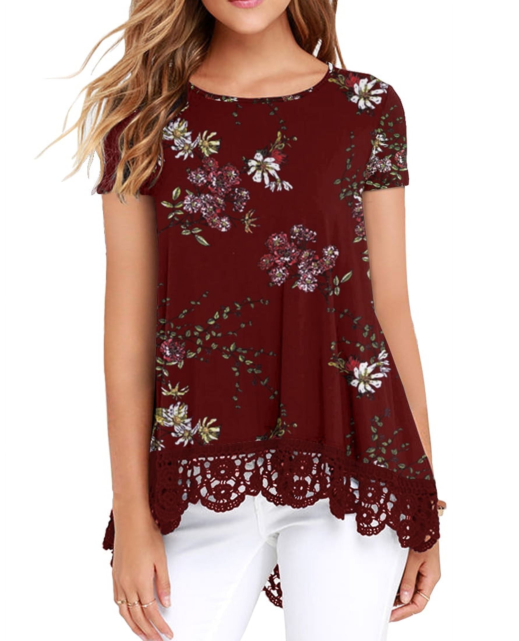 JWD Women's A-Line Tunic Blouse, Short Sleeve, Lace Trim, O-Neck ...