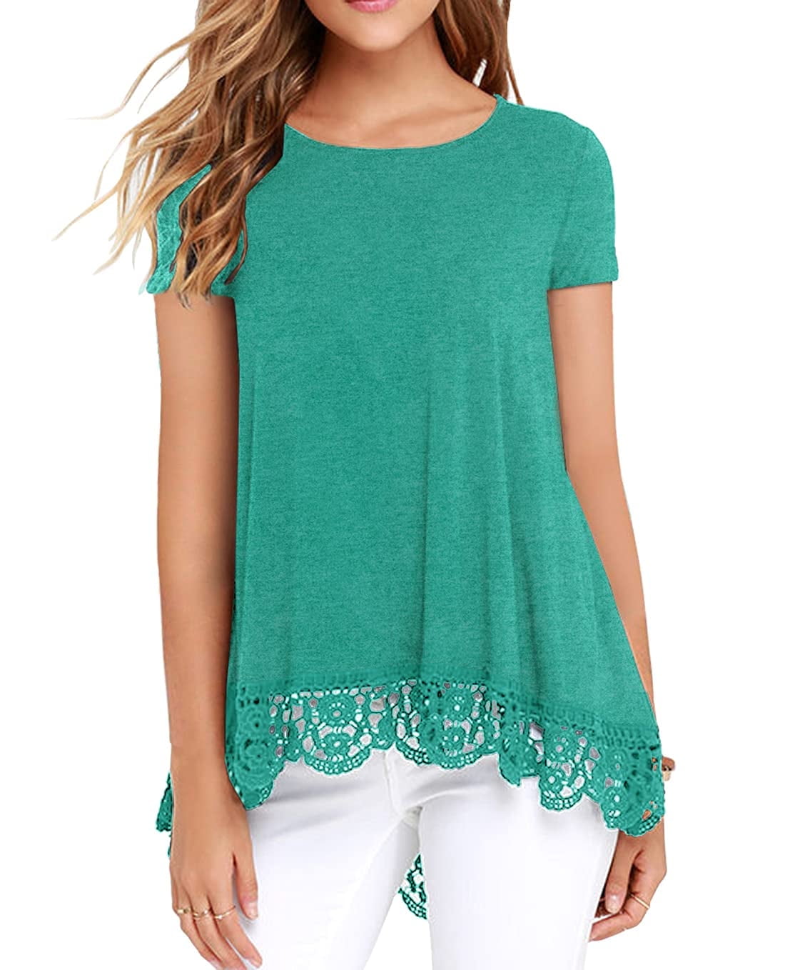 JWD Fashion Shirts Women's Short Sleeve A-Line Lace Trim Tunic Blouse ...