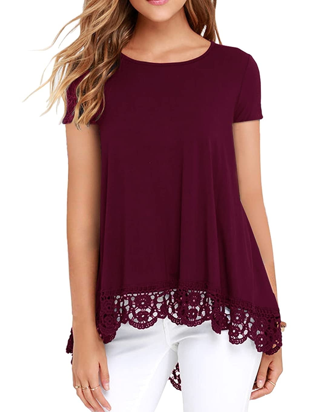 JWD Plus Size Women's Short Sleeve Lace Trim O-Neck A-Line Tunic Blouse ...