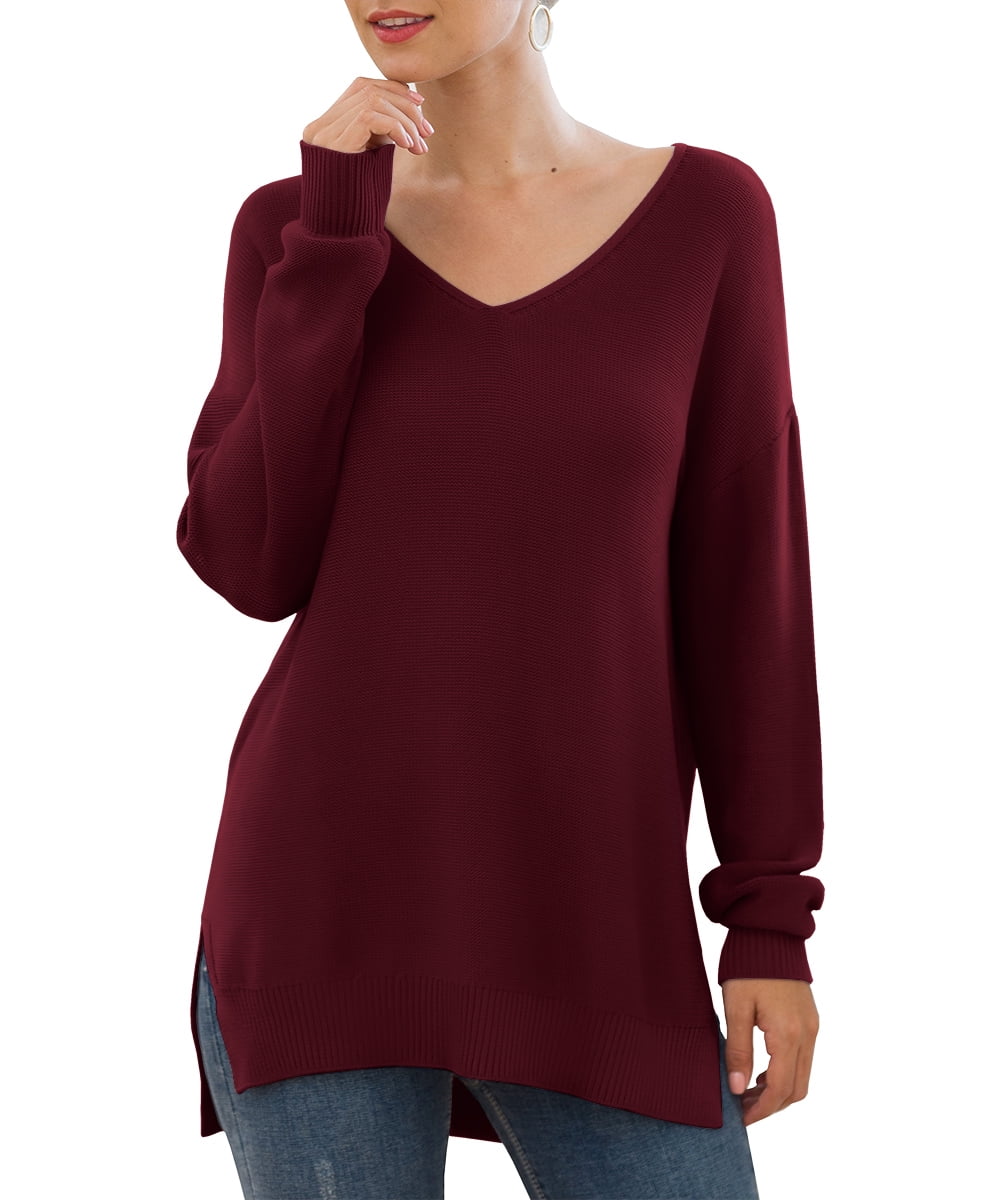 JWD Women's V-Neck Long Sleeve Side Split Loose Casual Knit Pullover ...