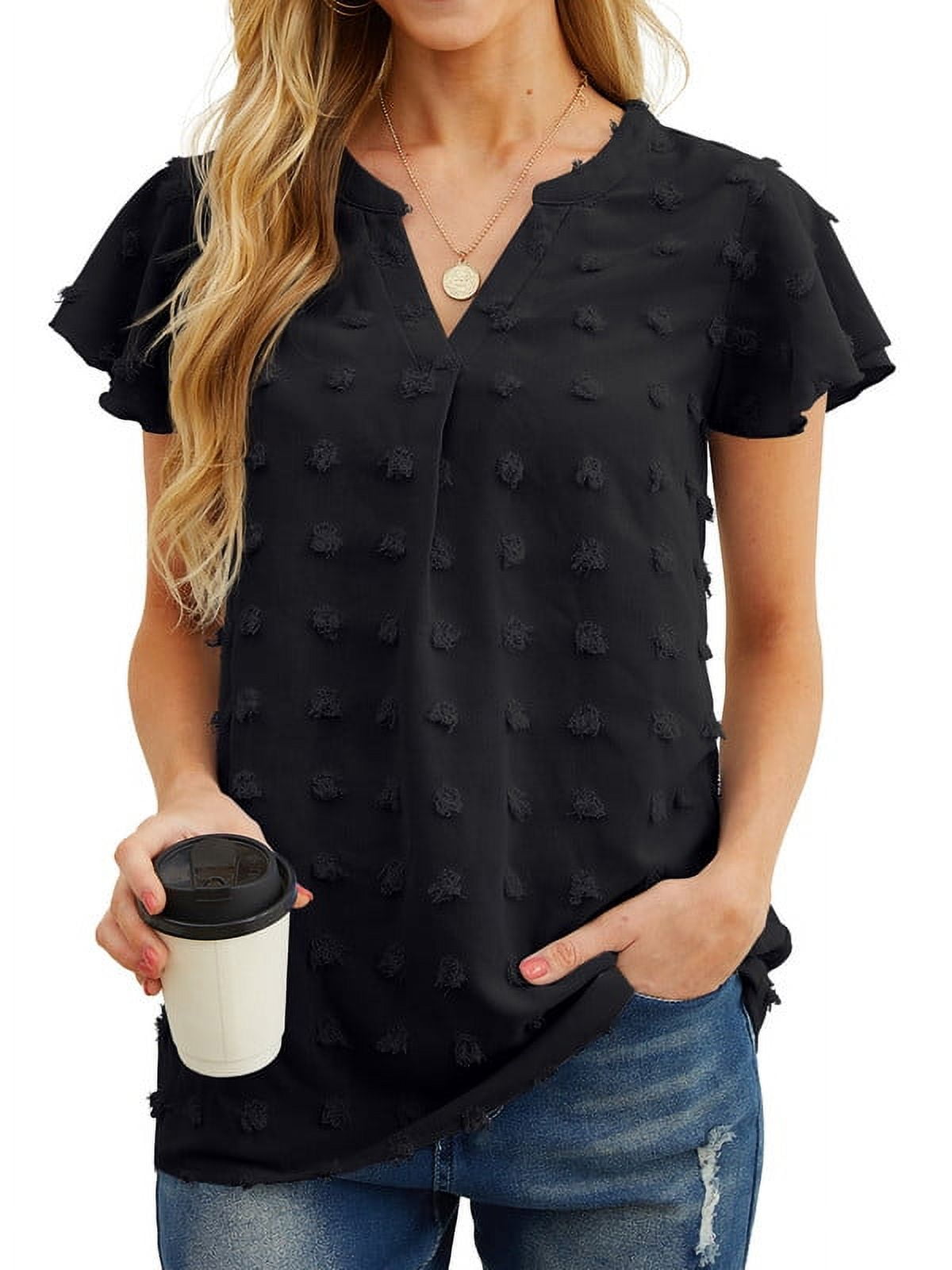 JWD Women’s V Neck Ruffle Short Sleeve Blouse Swiss Dot Flowy Shirt ...