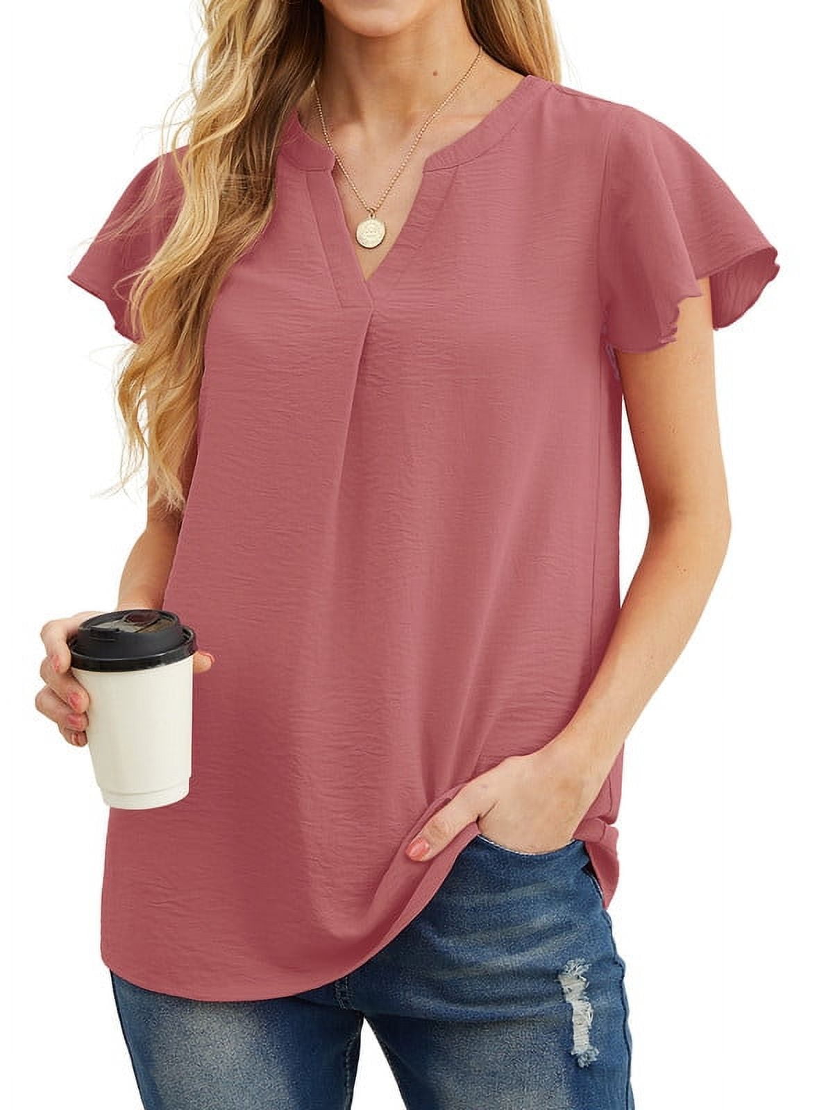 JWD Women’s V Neck Ruffle Solid color Short Sleeve Fashion Blouse ...