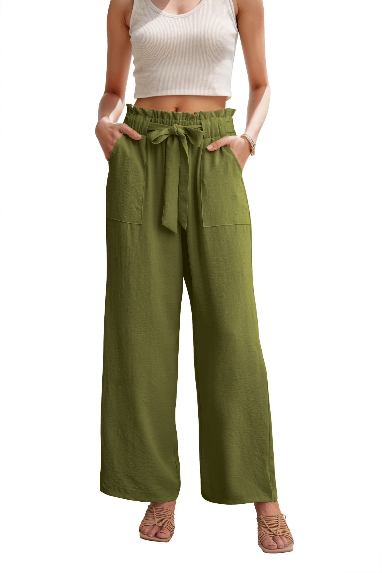 JWD Women's Wide Leg Pants With Pockets High Waist Adjustable Knot ...
