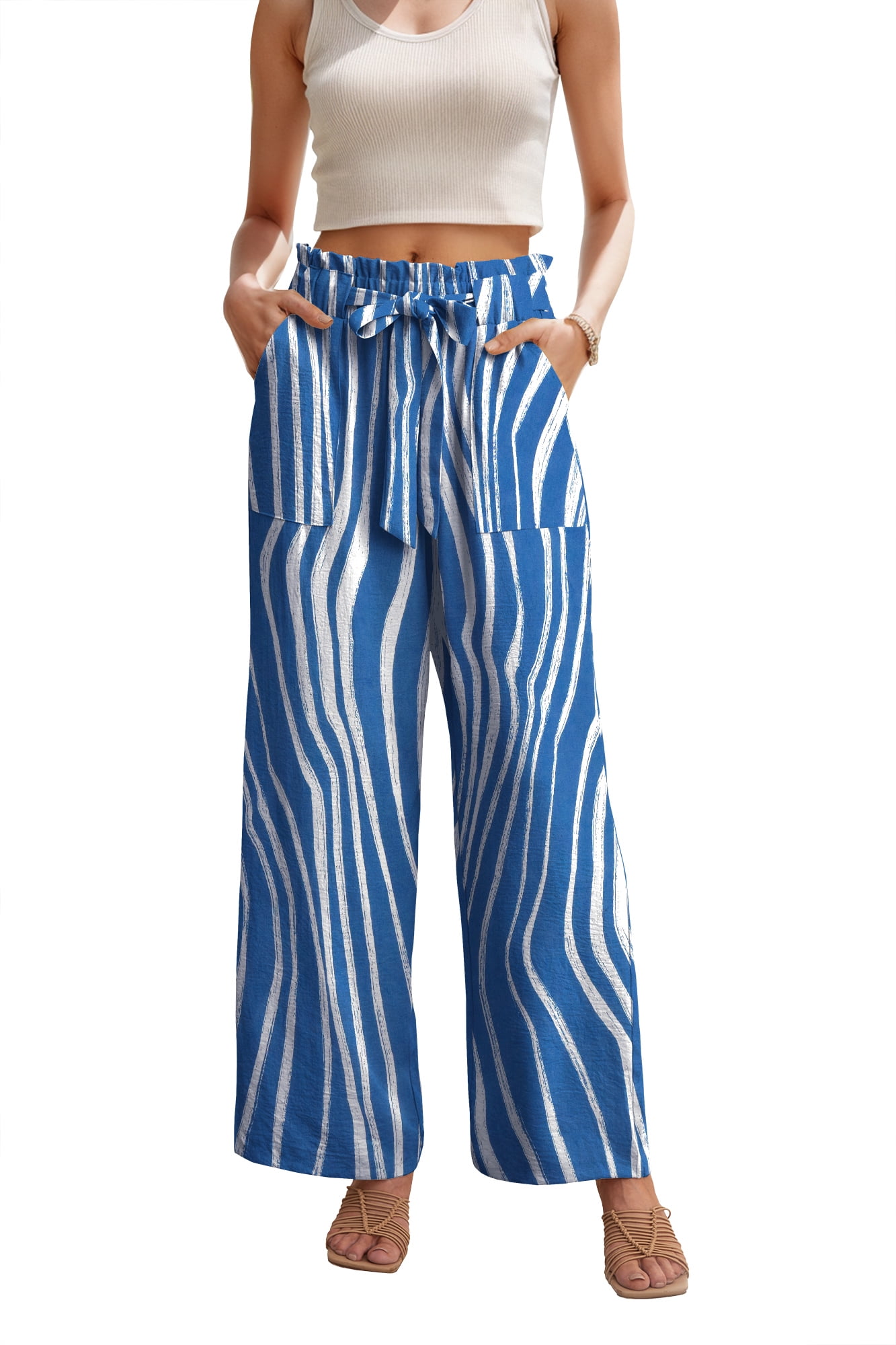 JWD Women's Wide Leg Pants With Pockets High Waist Adjustable Knot ...