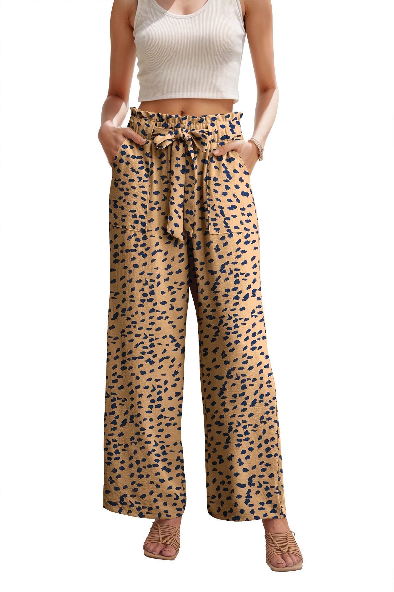 JWD Women's Wide Leg Pants With Pockets High Waist Adjustable Knot ...