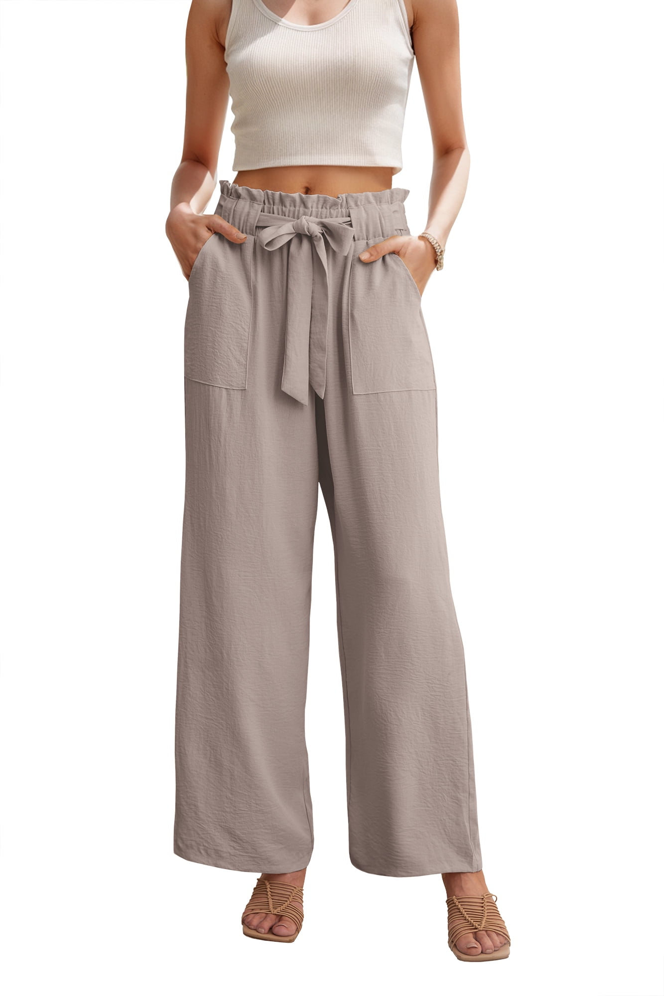 JWD Women's Elastic Waistband Wide Leg Pants with Pockets, Flowy High ...