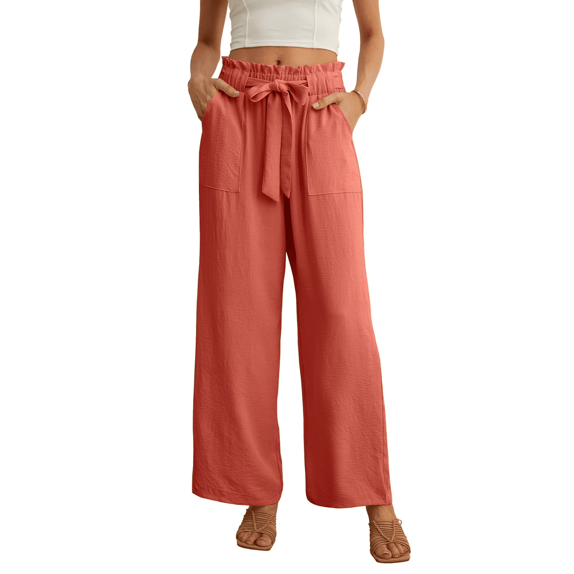 JWD Women's Wide Leg Pants with Pockets High Waist Adjustable Knot ...