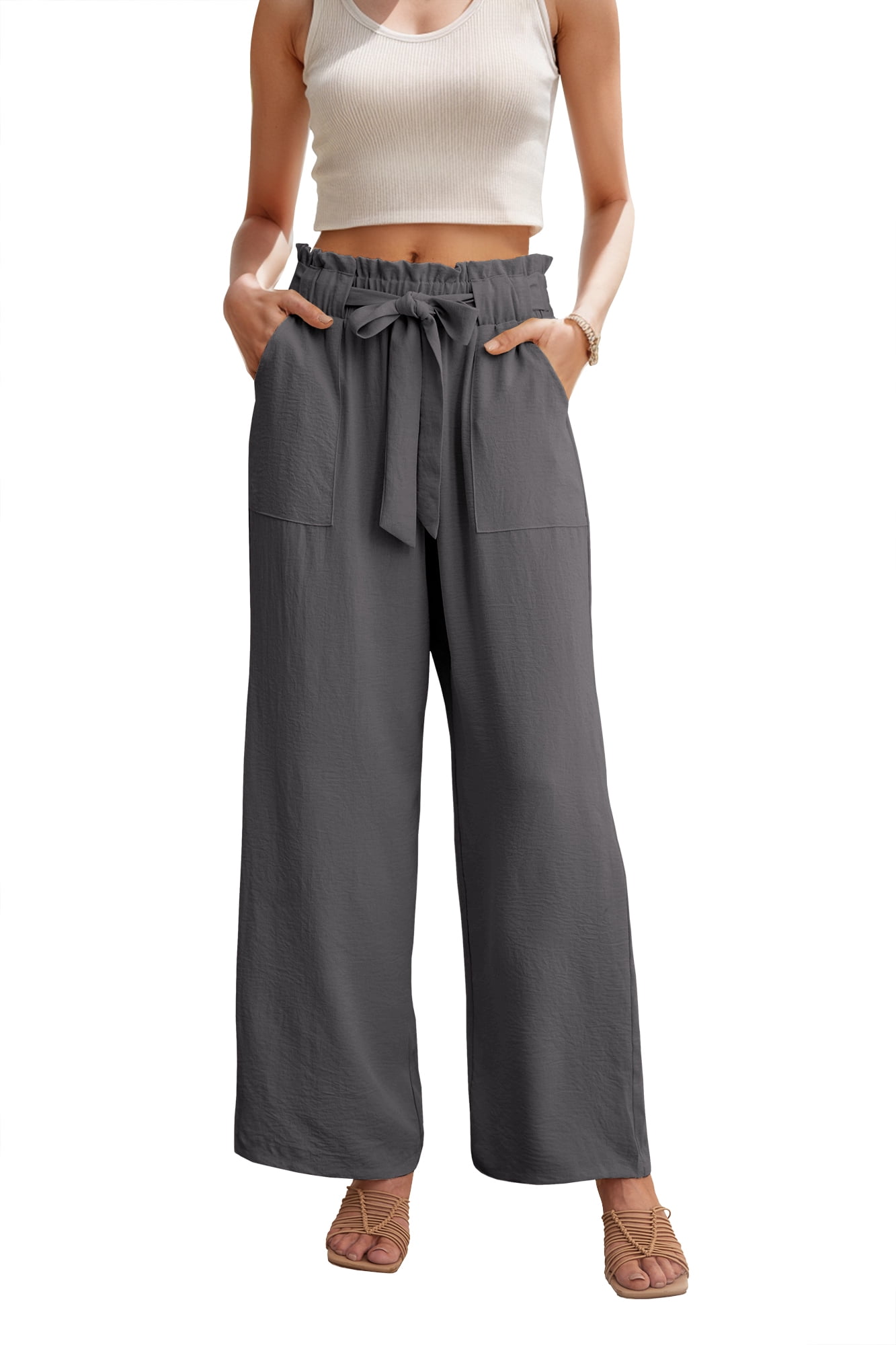JWD Women's Smoky Gray Wide Leg Palazzo Pants, Elastic Waist ...