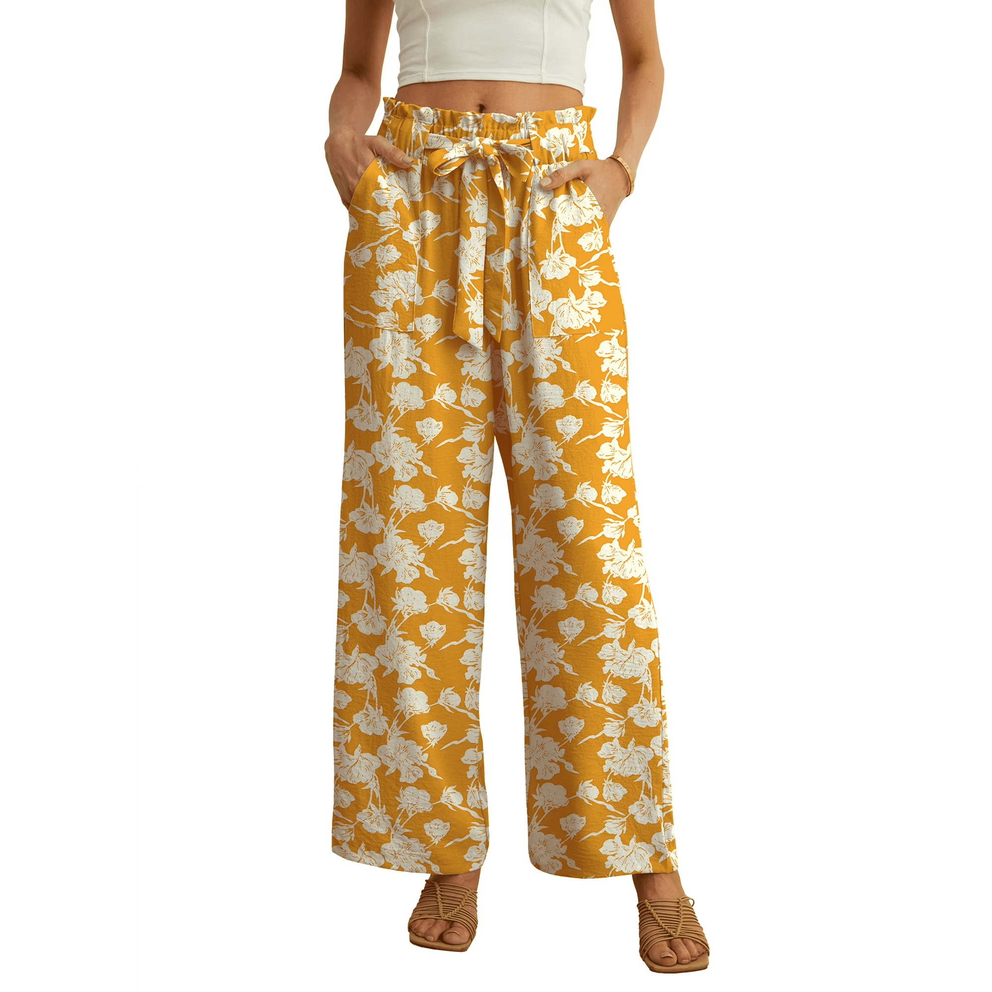 JWD Women's Summer Wide Leg Pants, High Waist, Knot, Pockets, Work ...