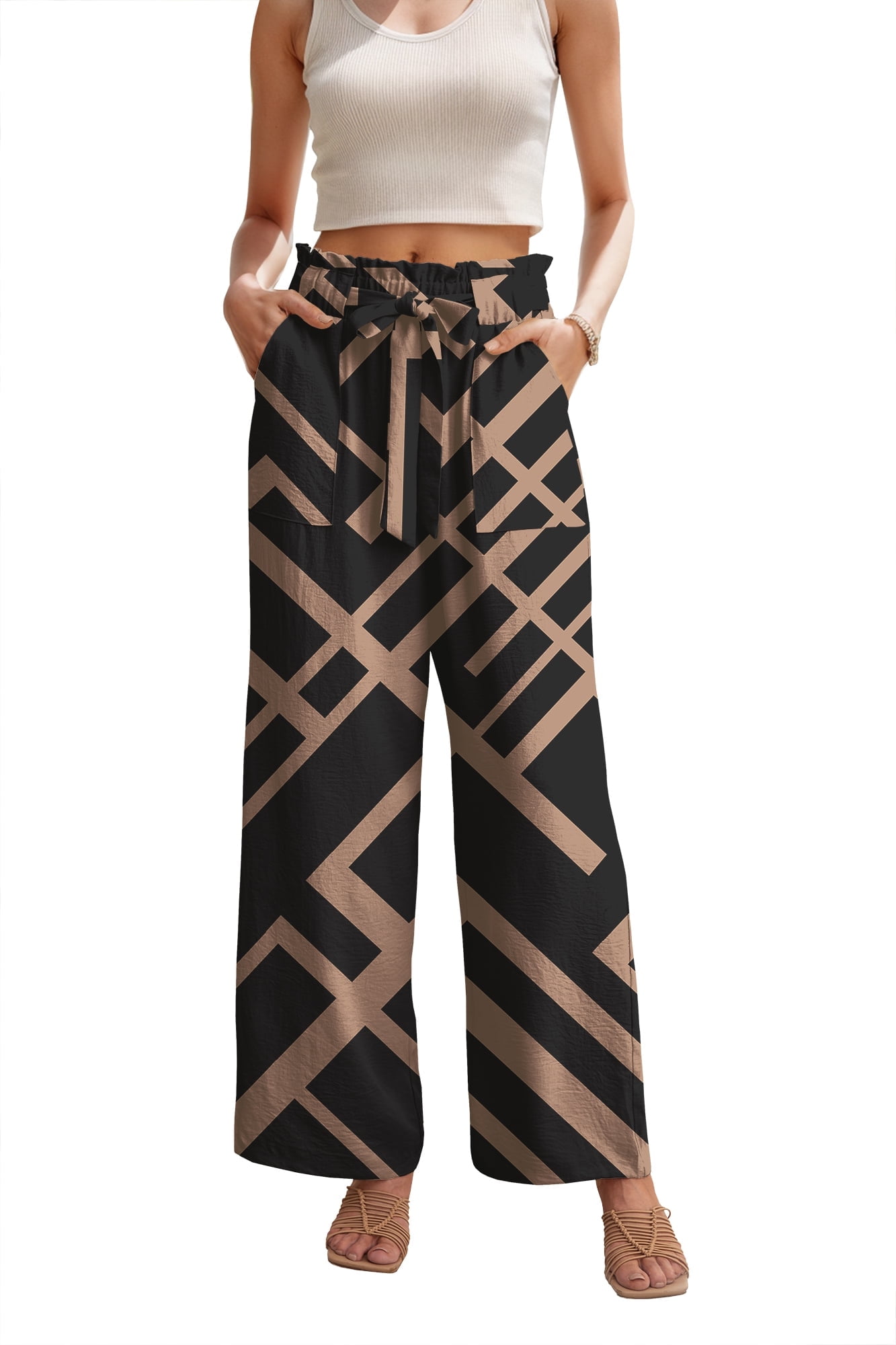 JWD Women's Wide Leg Pants With Pockets High Waist Adjustable Knot ...