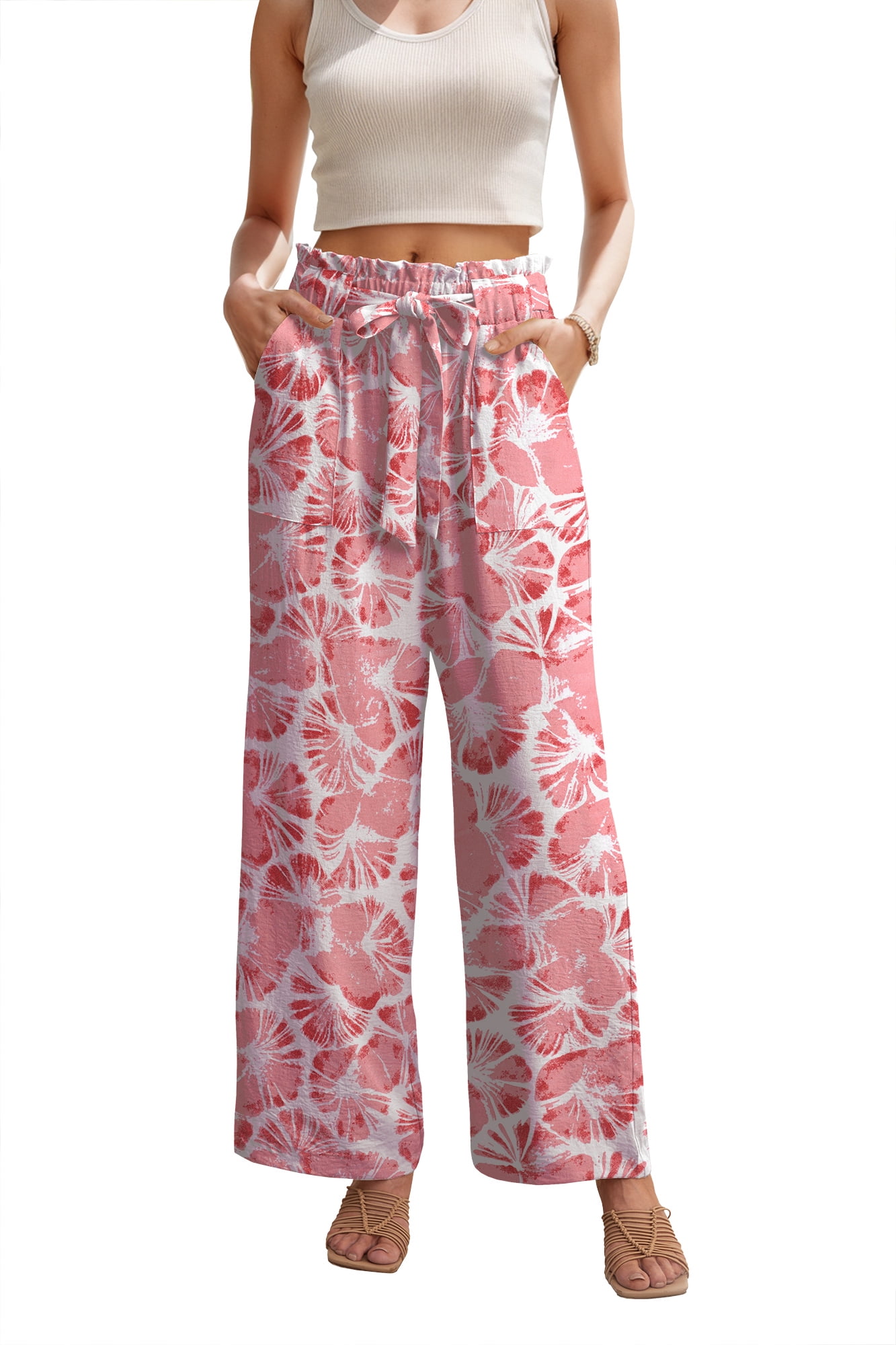 JWD Women's Wide Leg Pants With Pockets High Waist Adjustable Knot ...