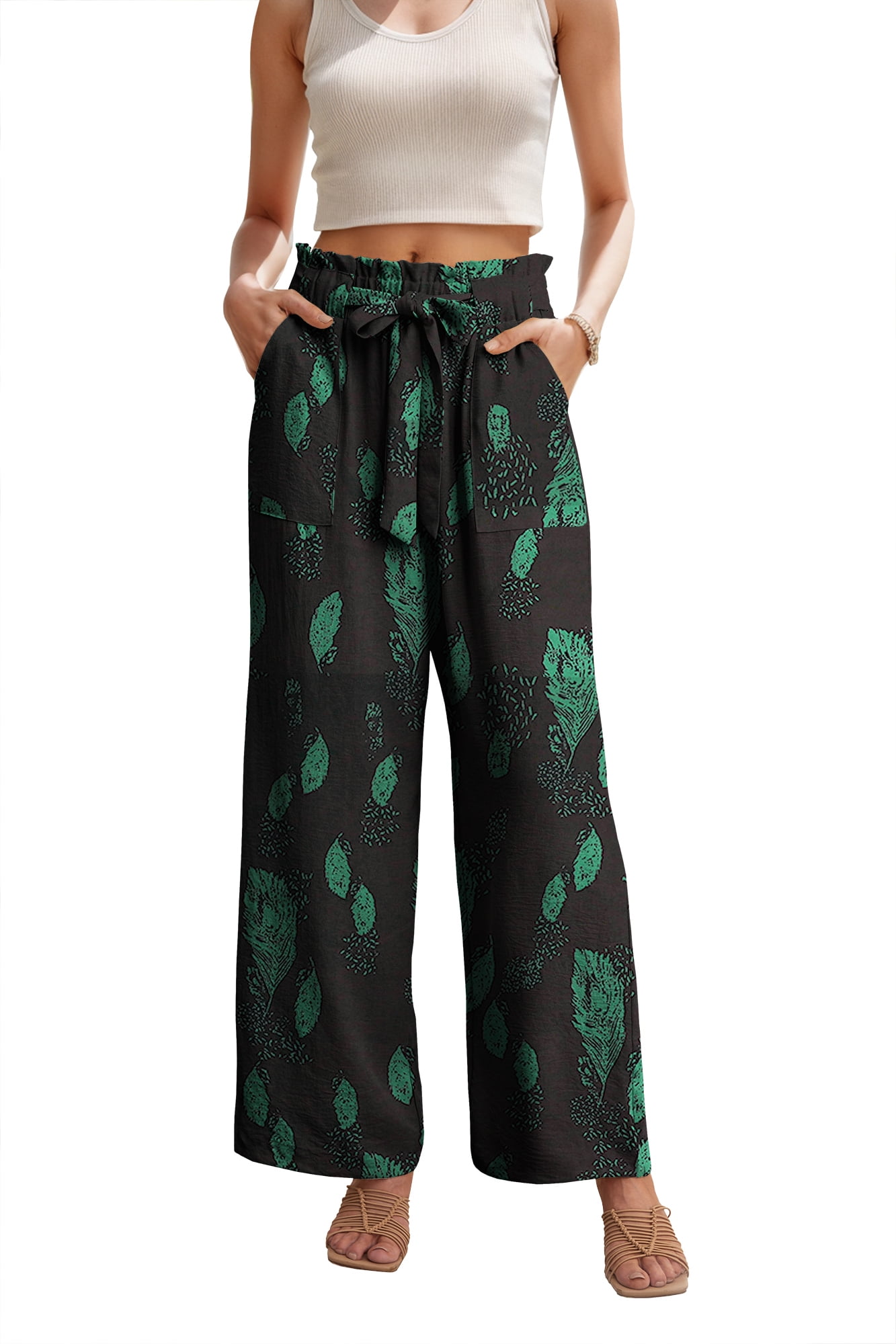 JWD Women's Wide Leg Pants With Pockets High Waist Adjustable Knot ...