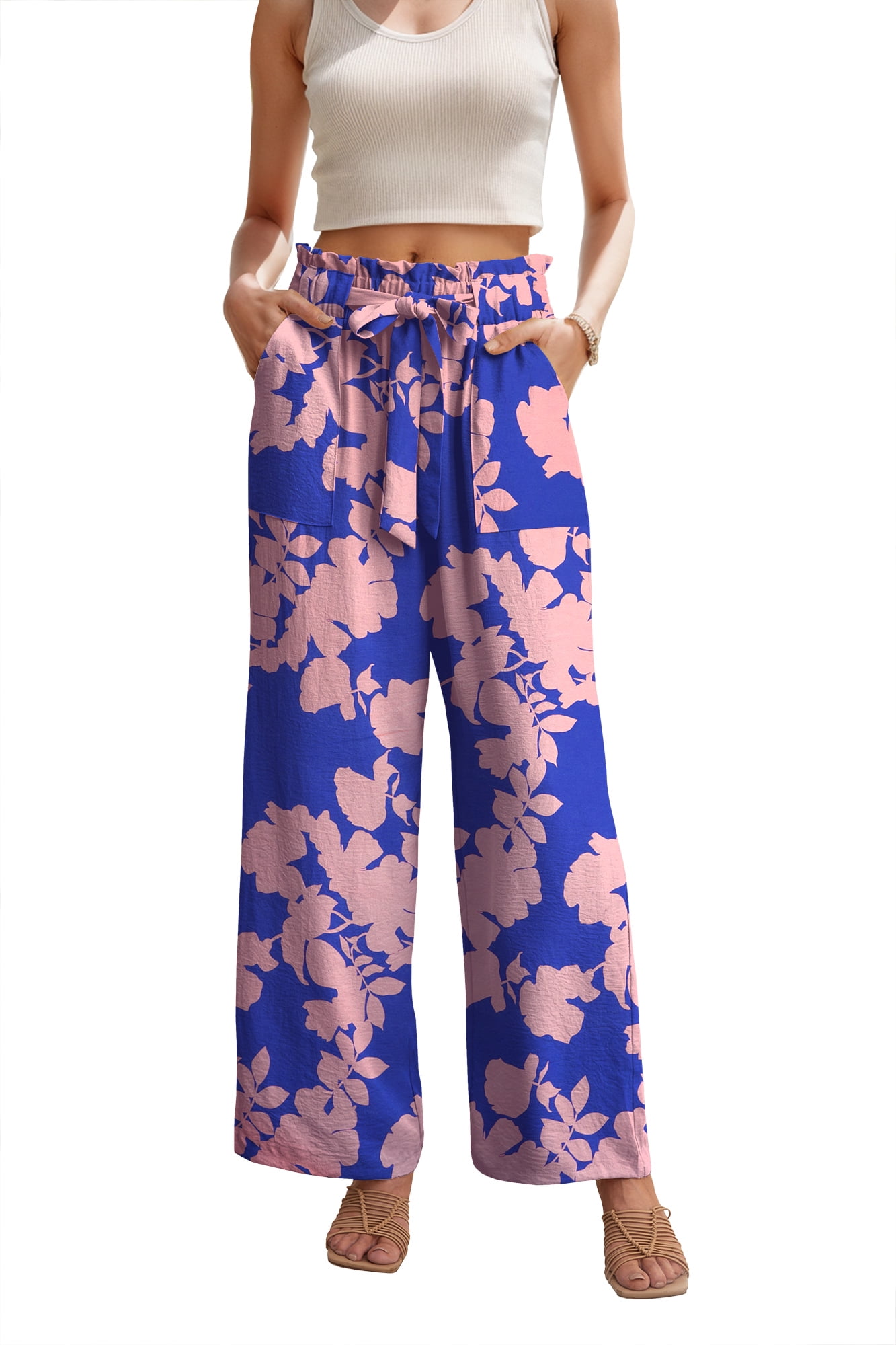 JWD Women's Wide Leg Pants With Pockets High Waist Adjustable Knot ...